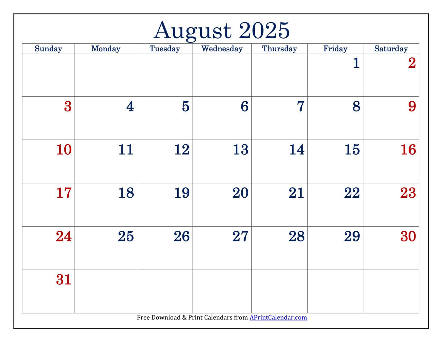 Free August 2025 Calendar Printable PDF with Holidays Template
